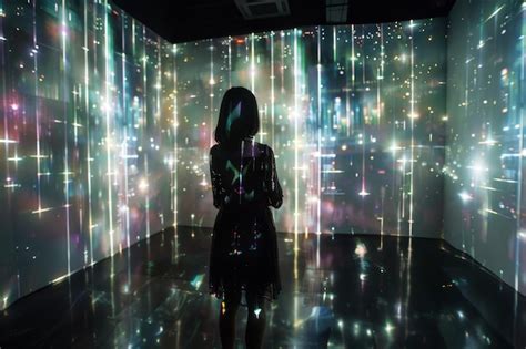 A Woman Stands In Front Of A Room With Holographic Stars Projected On