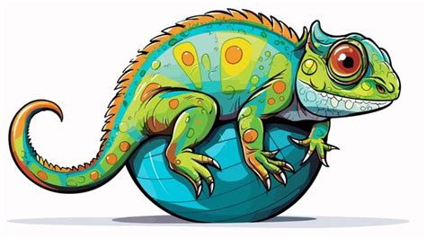 Colorful Cartoon Chameleon Balancing On Ball Illustration Premium Ai