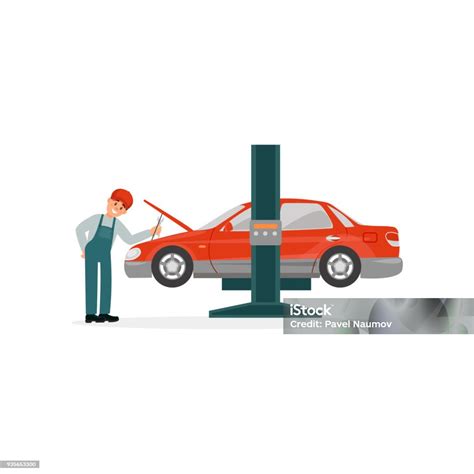 빨간 자동차를 수리 하는 자동차 정비사는 흰색 바탕에 자동 호 이스트 벡터 일러스트 레이 션에 해제 남자에 대한 스톡 벡터 아트