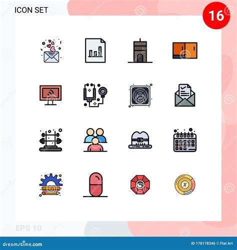 Mobile Interface Flat Color Filled Line Set Of 16 Pictograms Of Service Computer Buildings