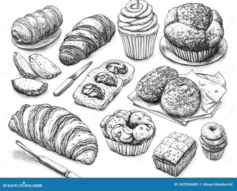 A Detailed Hand Drawn Illustration Of A Various Types Of Baker Items
