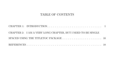 Single Spaced Long Chapter Title With Double Spacing Between Different Chapter Titles In Table