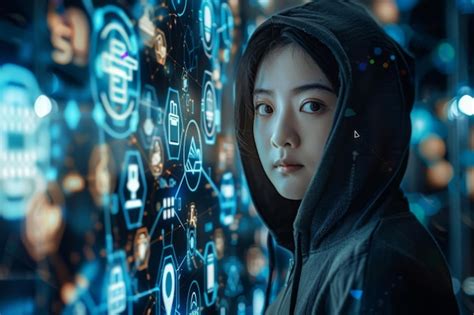 Young Female Hacker In A Tech Lab Surrounded By Digital Interfaces At