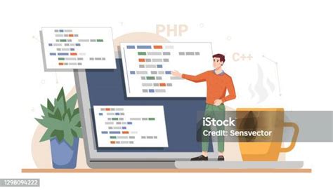 프로젝트 프레젠테이션 준비 사이트에서 작업하는 웹 개발자 랩톱과 컴퓨터를 사용하여 프로그래밍 및 코딩 기술 개선 및 혁신 만화 캐릭터 플랫 스타일의 벡터 java 프로그래밍