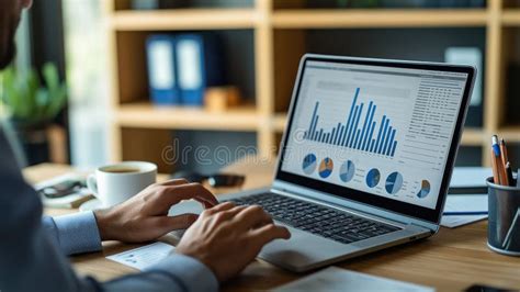 Man Analyzing Financial Data On Laptop In Modern Office With Graphs And