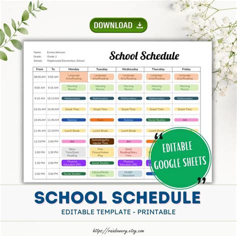 School Schedule Printable School Timetable Editable Class Schedule