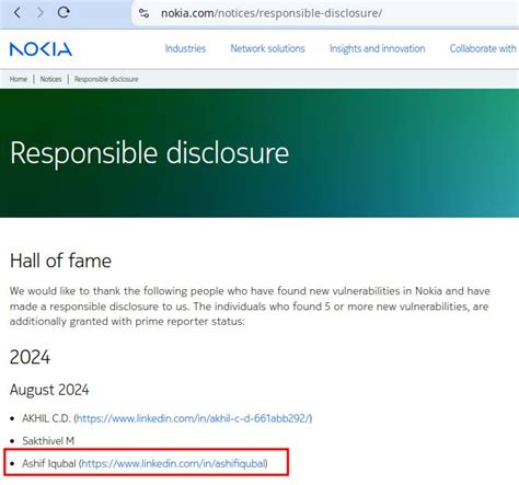 Nokia Infosec Cybersecurity Responsibledisclosure Hof Ethicalhacking Vulnerability