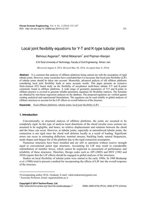 Pdf Local Joint Flexibility Equations For Y T And K Type Tubular Joints