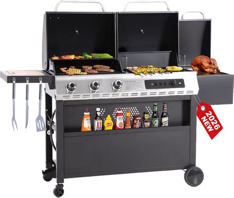 3 Burner Gas And Charcoal Grill Combo With Offset Smoker