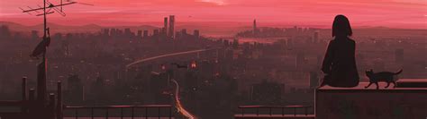 7680x2160 Resolution Anime Sunset Hd Alone With Cat 7680x2160