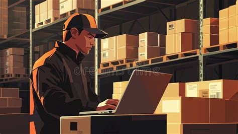 Worker Manages Inventory Using A Laptop In A Warehouse During Daytime Operations Generative Ai
