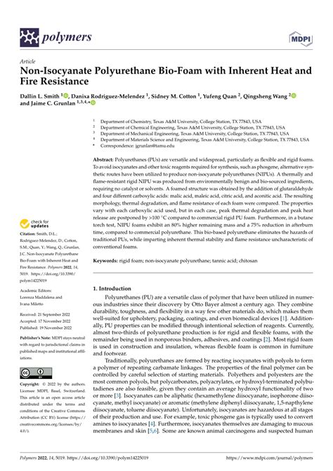 Pdf Non Isocyanate Polyurethane Bio Foam With Inherent Heat And Fire Resistance