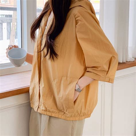 라온디 여름 7부 소매 점퍼 포켓 밴딩 후드 자켓 바람막이