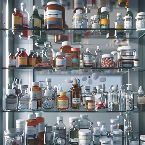 A Shelf With Many Bottles Of Medicine Including One That Says Medicine