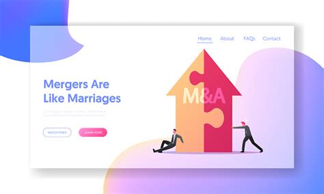 합병 및 인수 방문 페이지 템플릿 작은 사업가 캐릭터는 M과 문자와 함께 거대한 퍼즐 조각을 조립합니다 기업 연결 및 파트너십