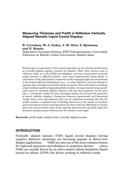 Pdf Measuring Thickness And Pretilt In Reflective Vertically Aligned Nematic Liquid Crystal