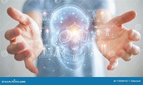 Man Using Digital X Ray Skull Holographic Scan Projection D Rendering Stock Image Image Of