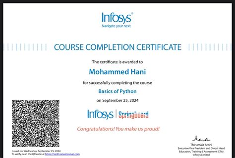 Infosys Course Completion Certificate For Successfully Completing The