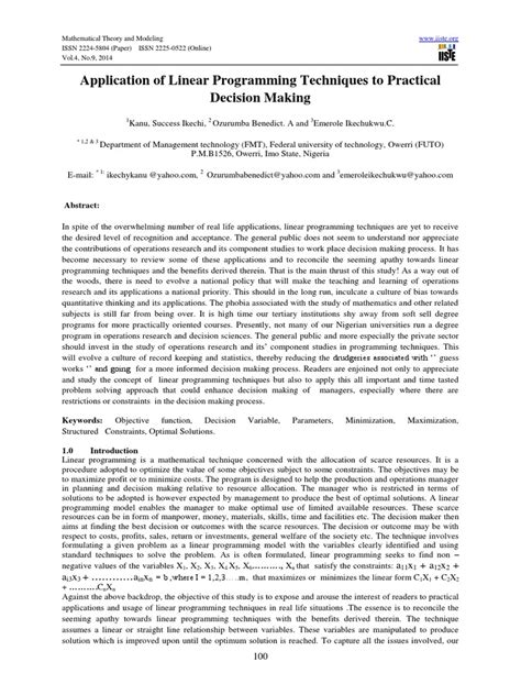 Application Of Linear Programming Techniques To Practical Pdf Mathematical Optimization