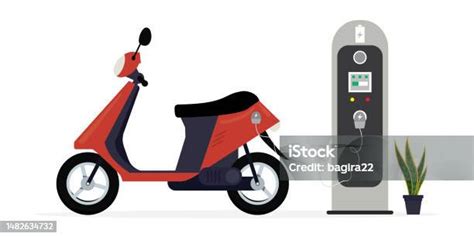 현대 전기 오토바이 및 충전소 녹색 기술 에코 차량 전기 이륜 오토바이 충전 흰색 배경에 격리된 환경 친화적인 운송 수단 모던 양식에 대한 스톡 벡터 아트 및 기타 이미지
