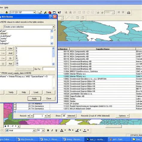 a screen capture of arcview 9 2 with the select by attribute box and