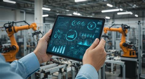 Smart Factory Industrial Automation And Robotics Monitoring Via Tablet Stock Illustration