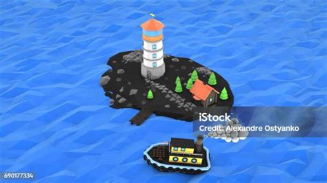 낮은 폴 리 섬 등 대 증기선 일러스트 3d 렌더링 교량에 대한 스톡 사진 및 기타 이미지 교량 종이접기 0명 Istock