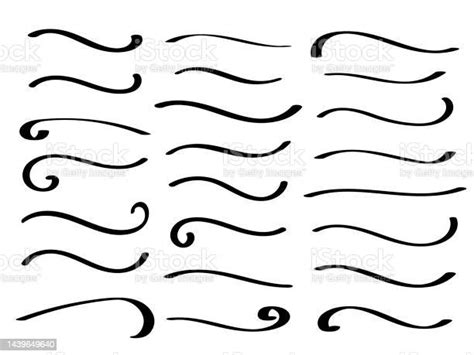 Swish 낙서 밑줄 세트 손으로 그린 스우시 요소 서예 소용돌이 또는 스포츠 스윙 텍스트 꼬리 흰색 배경에 장식용 스트로크를 스와시 벡터 일러스트 레이 션 개체 그룹에