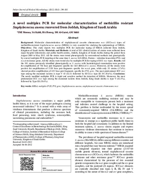 Pdf A Novel Multiplex Pcr For Molecular Characterization Of Methicillin Resistant