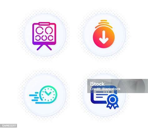 아래로 스크롤 빠른 배달 및 비전 보드 아이콘 세트 인증서 기호입니다 스 와이프 화면 스톱 워치 눈 검사 벡터 건강관리와 의술에