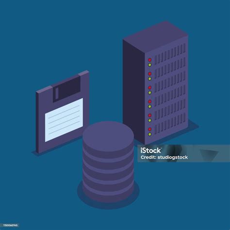 Disket Isometrik Dengan Menara Penyimpanan Hard Disk Ilustrasi Stok