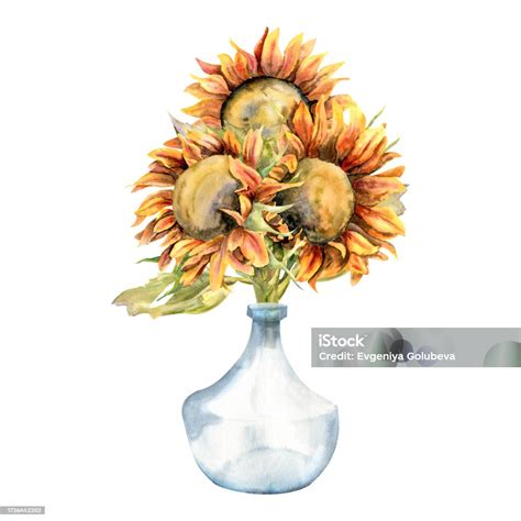 수채화 손으로 꽃병 그림에 해바라기를 그렸다 로고 직물 인사말 카드 디자인을 위한 파란 유리제 화병에 있는 3개의 노란 꽃을