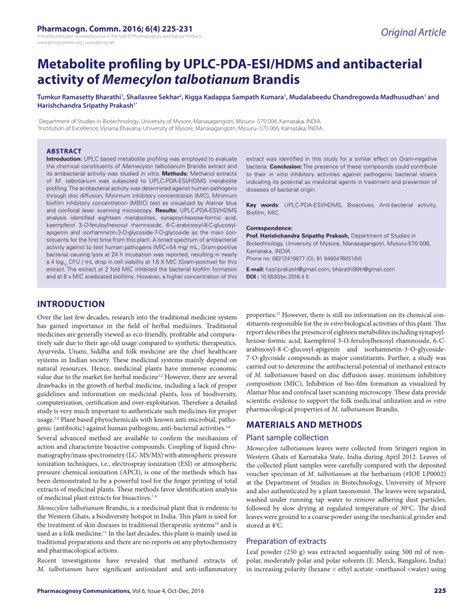 Pdf Metabolite Profiling By Uplc Pda Esihdms And Antibacterial
