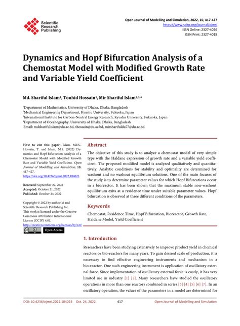 Pdf Dynamics And Hopf Bifurcation Analysis Of A Chemostat Model With