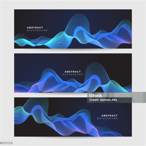 추상적 인 파도가 흐르는 배너 배경 디자인 세트 벡터 일러스트레이션 흐르는 입자 파동 동적 모션 스트림 디지털 기술 곡선 0명에 대한 스톡 벡터 아트 및 기타 이미지