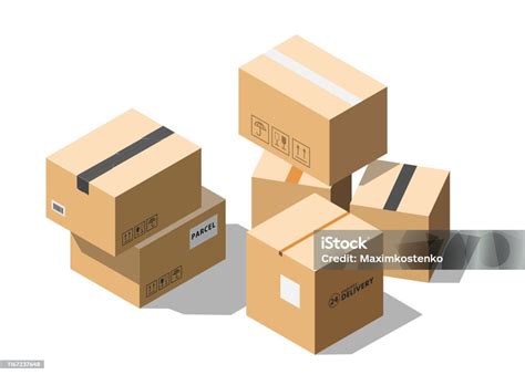 흰색 배경에 격리 된 벡터 등각 투영 판지 소포 상자입니다 0명에 대한 스톡 벡터 아트 및 기타 이미지 0명 3차원 형태 갈색 Istock