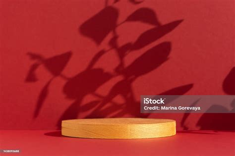 식물 잎의 그림자가 있는 추상적인 빨간색 배경에 기하학적 황금 연단 제품 프레젠테이션의 빈 장면입니다 쇼케이스 디스플레이 케이스 갈색에 대한 스톡 사진 및 기타 이미지