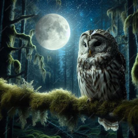 Premium Photo A Wise Owl Perched On A Branch In Moonlit Owl In A