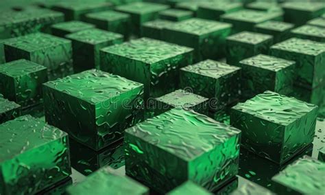 3d Grid Green Cubes With Some Cubes Appearing Wet And Others Reflecting Light Creating
