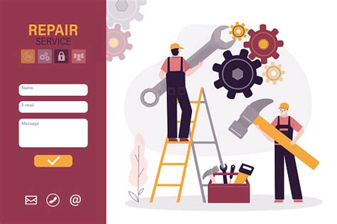 공구와 기어를 들고 서 있는 기술자 팀 랜딩 페이지 또는 문의하기 양식 망치와 렌치를 들고 있는 노동자들 유지 보수 서비스 수리공 고정 기어 개념에 대한 스톡 벡터 아트 및