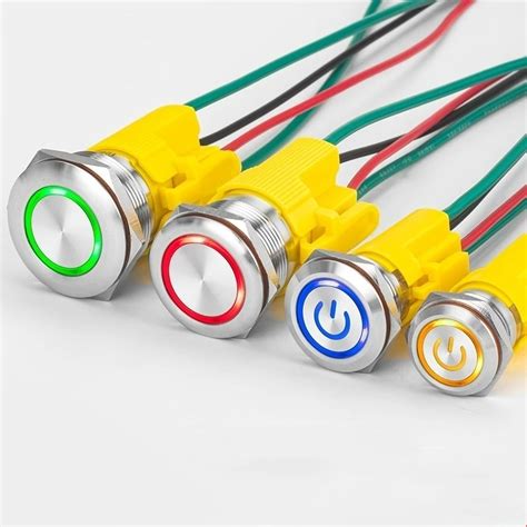 19mm High Current Waterproof LED Ring Illumination Metal Push Button Switch With Wire Connector