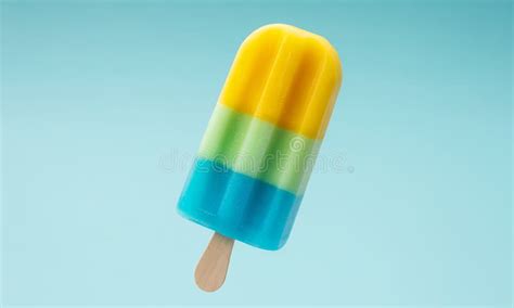 Tri Color Popsicle Against Light Blue Backdrop With Yellow Green And Blue Layers On Wooden Stick