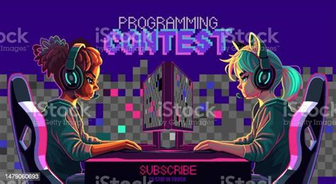 헤드셋을 쓴 두 명의 다양한 소녀 프로그래머가 컴퓨터 앞에 앉아 서로 게이머에 대한 스톡 벡터 아트 및 기타 이미지 게이머 아이 존경 Istock