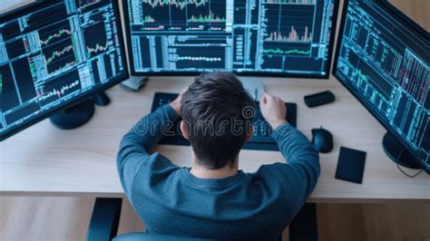A Trader Man Sitting At A Desk With Three Monitors Displaying Stock