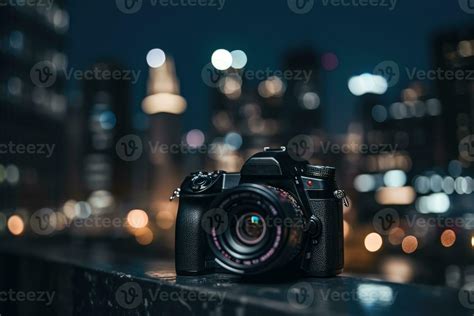 Dslr Camera In The Front With Bokeh Effect Of The Cityscape In The