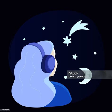 헤드폰으로 음악을 듣는 소녀 별의 전체 마음 우주 명상 로파이 음악 개념 벡터 일러스트 현대 플랫 스타일 밤 하늘 백그루드 음악에 대한 스톡 벡터 아트 및 기타 이미지