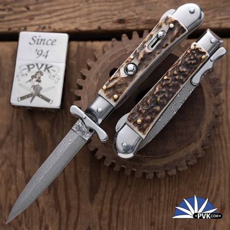 Akc World Medici 73 Swinguard Damascus Dagger Style Blade Stag Scales Pvk