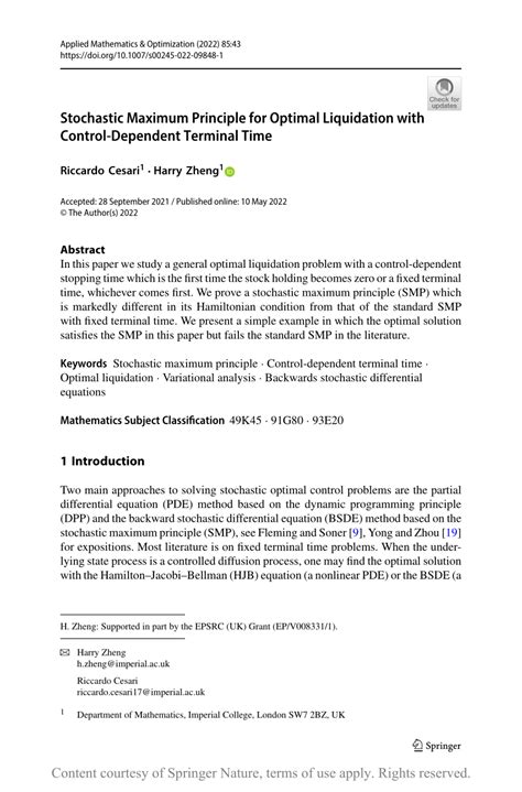 Pdf Stochastic Maximum Principle For Optimal Liquidation With Control Dependent Terminal Time