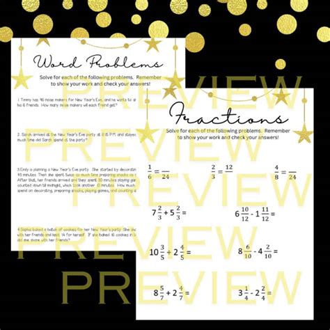 New Years Themed Math Worksheet Packet 4th Grade Review Tpt