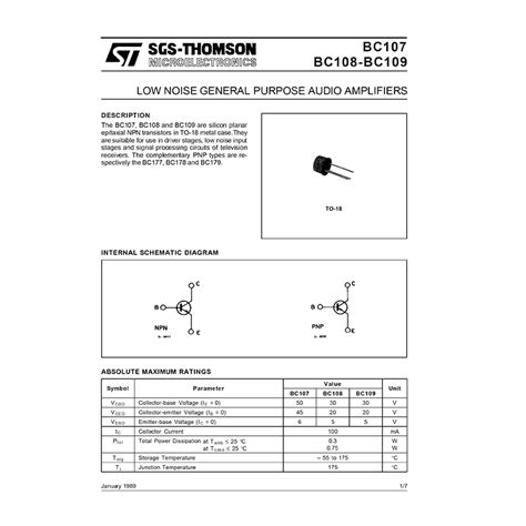 Bc109 St Silicon Planar Epitaxial Npn Transistor Datasheet
